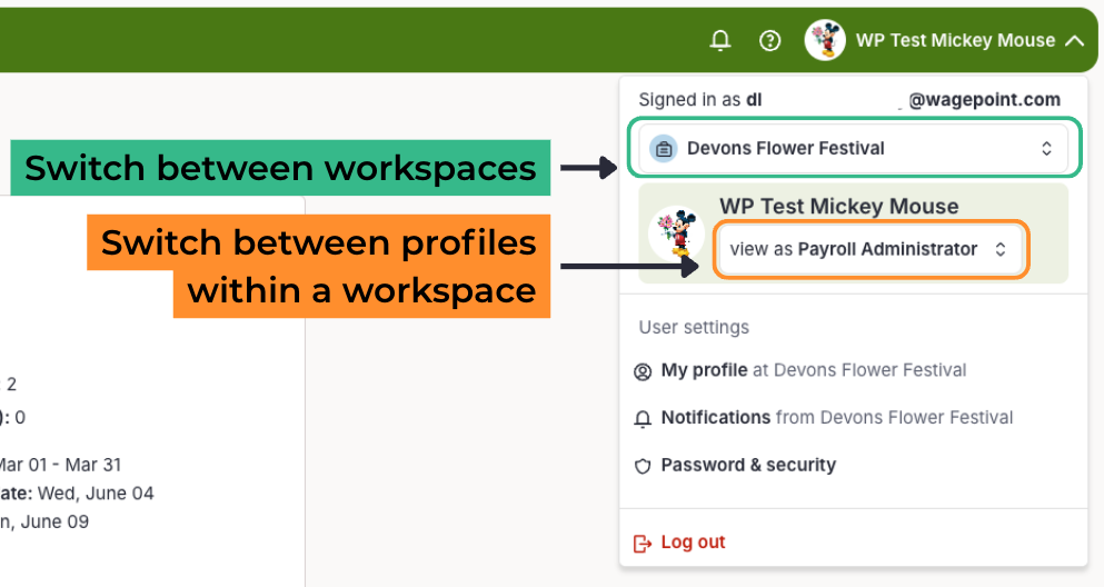 Switch between user profiles or workspaces – Wagepoint 2.0 Knowledge Base
